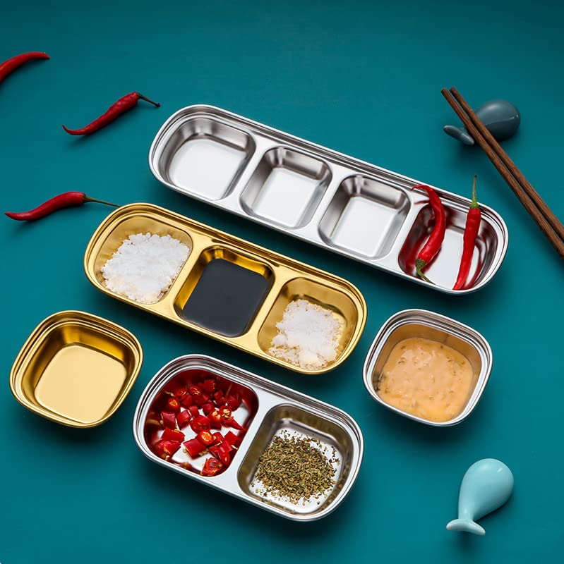 SOUJOY 4 Pcs Stainless Steel Sauce Dish, Divided Seasoning Sauce Dip Bowl, 1/2/3/4 Compartment Korean Ketchup Sauce Bowl, Vinegar Soy Spice Condiment Tray for Home Restaurant