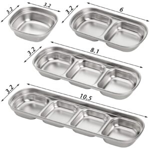 SOUJOY 4 Pcs Stainless Steel Sauce Dish, Divided Seasoning Sauce Dip Bowl, 1/2/3/4 Compartment Korean Ketchup Sauce Bowl, Vinegar Soy Spice Condiment Tray for Home Restaurant