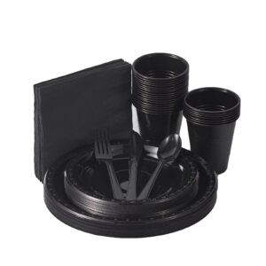 175 pcs black party supplies disposable dinnerware set plastic plates and paper napkins cups silverware serve 25 sets for birthday bridal shower wedding engagement graduation parties