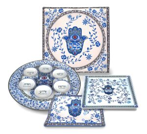 artistic passover seder dinnerware set floral hamsa design by jessica sporn - quality porcelain round seder plate square matzah tray silk matzo cover, afikoman bag - pesach decoration by aviv judaica