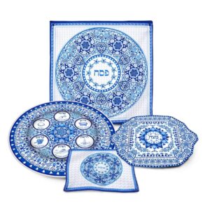 Aviv Judaica Prestigious Passover Seder Dinnerware Renaissance Set, Includes Round Porcelain Seder Plate, Square Matzo Tray, Silk Matza Cover & Afikoman Bag Magnificent Passover Decoration Dishware