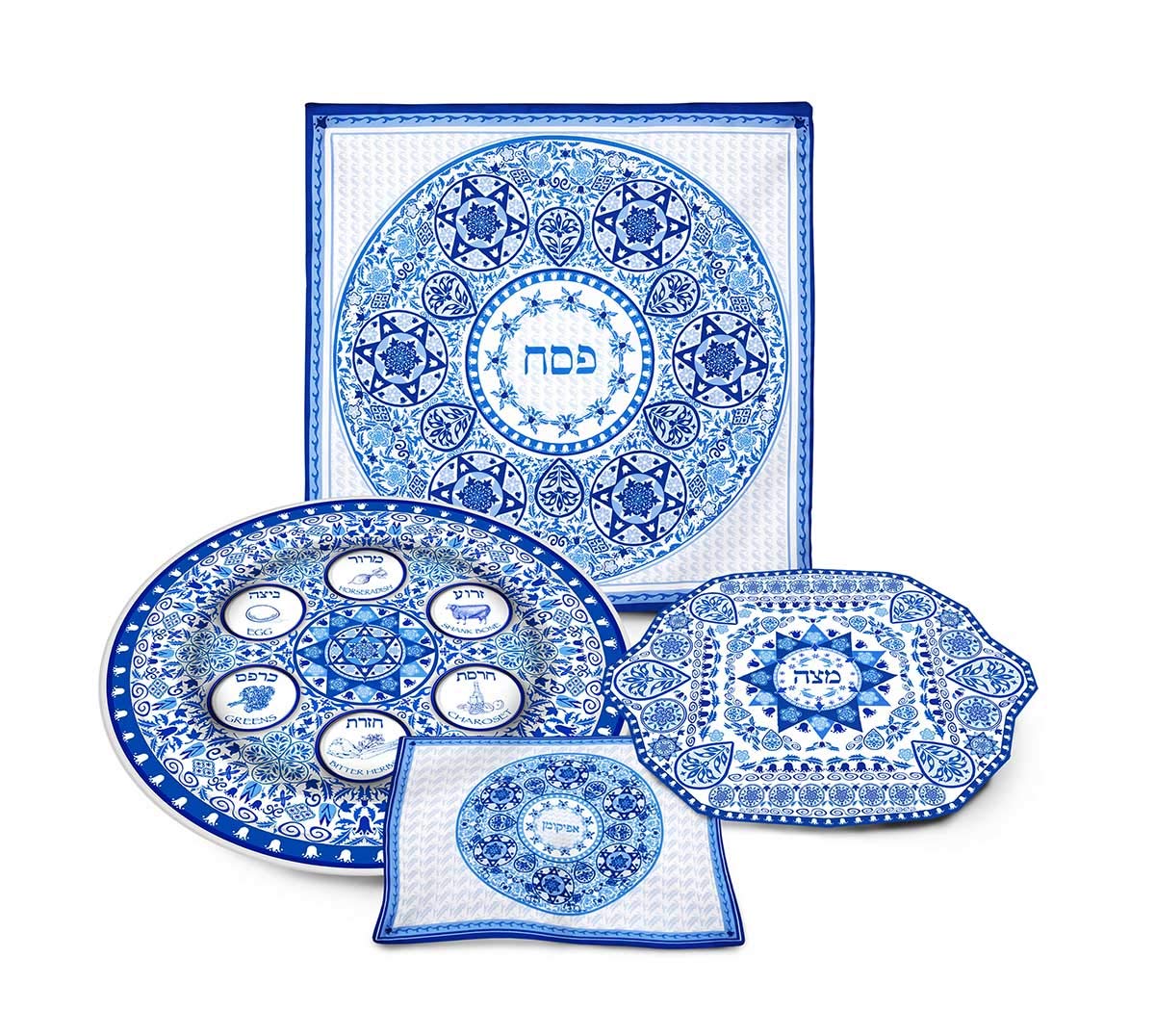 Aviv Judaica Prestigious Passover Seder Dinnerware Renaissance Set, Includes Round Porcelain Seder Plate, Square Matzo Tray, Silk Matza Cover & Afikoman Bag Magnificent Passover Decoration Dishware