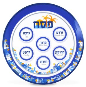 jerusalem passover seder plate 12" melamine bpa-free passover plates 6 sectional plate marked with symbolic traditional pesach seder foods round seder tray passover dinnerware by zion judaica - 1 pc