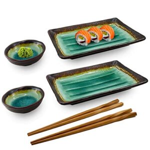 happy sales hsst-6cdtqdr 6 pc japanese sushi plate dinnerware set green ocean, turquoise