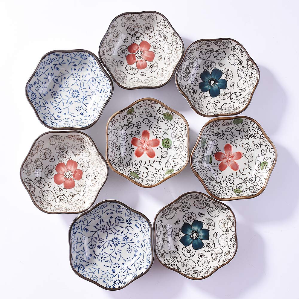 Japanese Style Soy Sauce Dishes set of 8, Ceramic 4-inch Plum Flower Dishe Serving for Dumpling, Side Dish, Sushi (8)