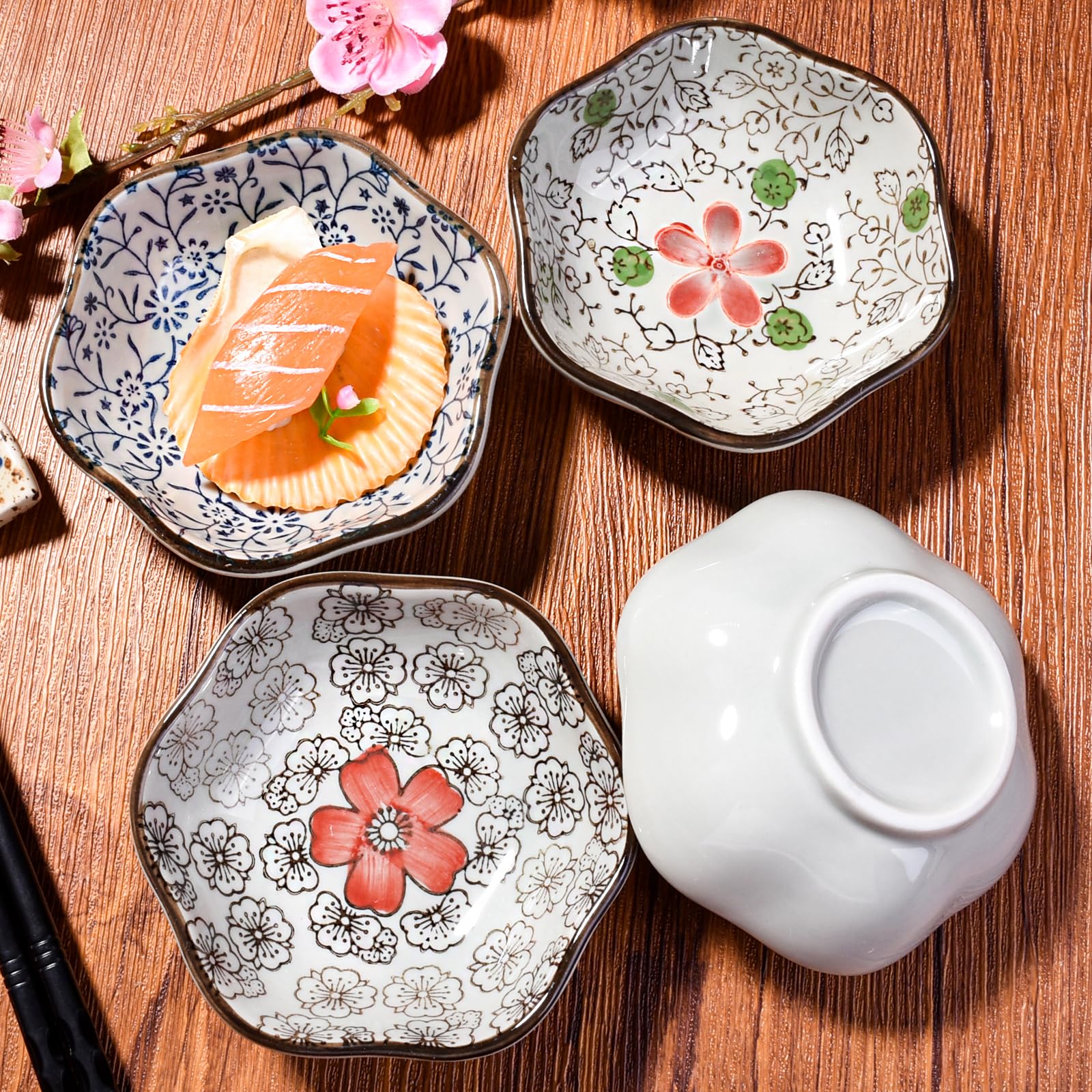 Japanese Style Soy Sauce Dishes set of 8, Ceramic 4-inch Plum Flower Dishe Serving for Dumpling, Side Dish, Sushi (8)