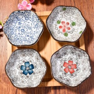 Japanese Style Soy Sauce Dishes set of 8, Ceramic 4-inch Plum Flower Dishe Serving for Dumpling, Side Dish, Sushi (8)