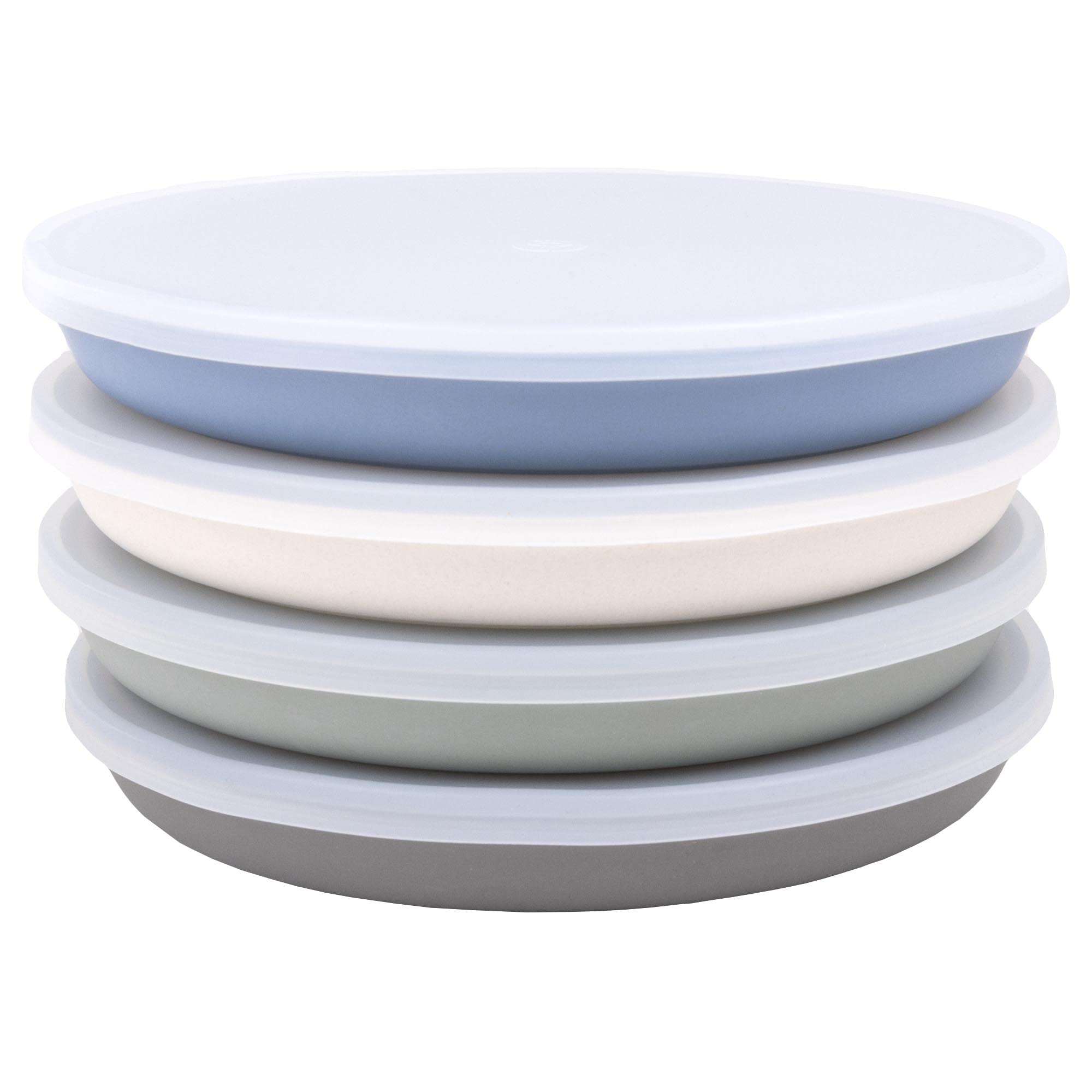 WeeSprout Bamboo Plates with Lids, Set of 4 Bamboo Plates for Kids, Kid-Sized Design, Bamboo Kids Plates with Lids for Leftovers, Dishwasher Safe (Blue, Green, Gray, & Beige)