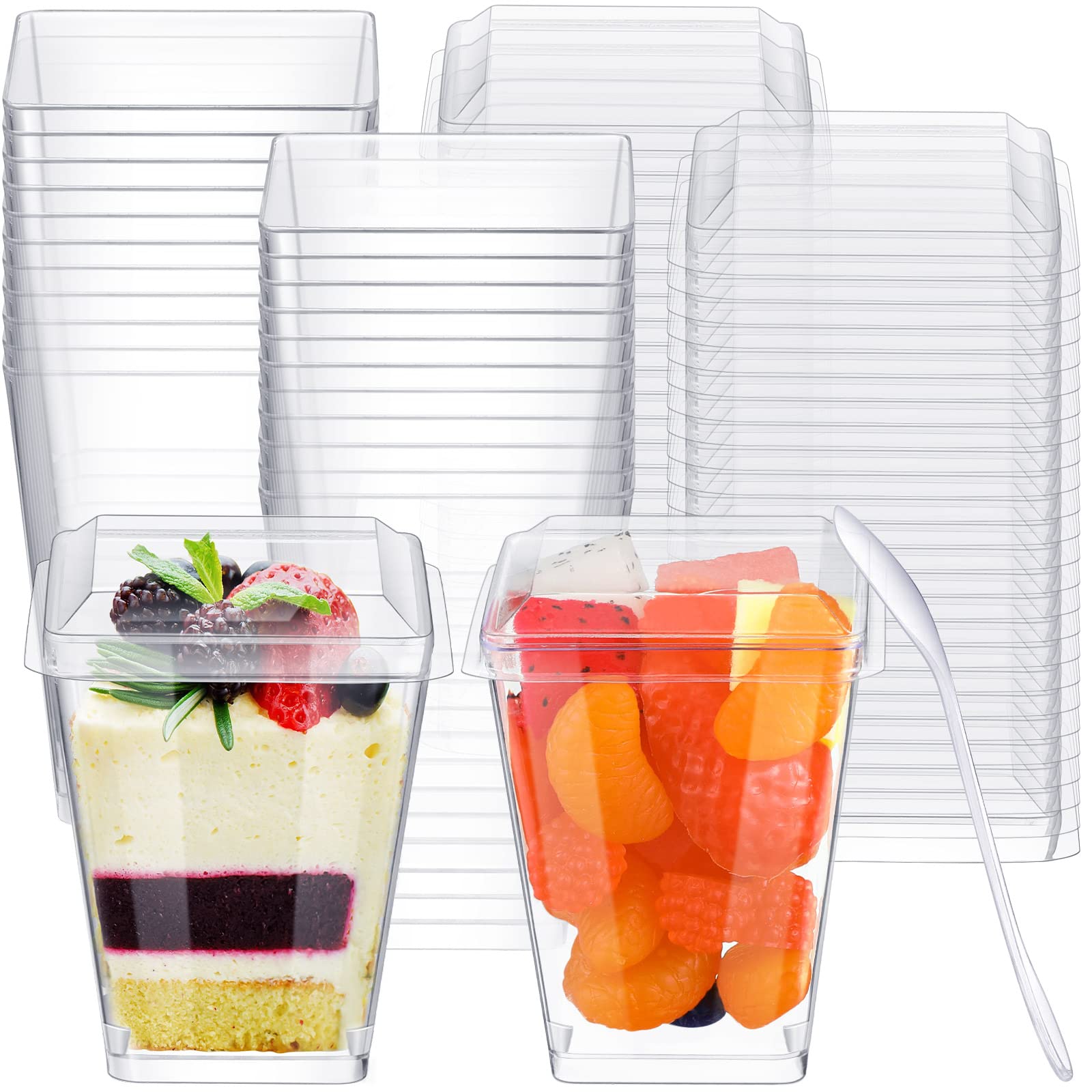 CHENGU 150 Pack 4.5 oz Square Clear Plastic Dessert Cups with Lids and Spoons Parfait Appetizer Cups for Tasting Party Desserts Appetizers Fruit Parfait Mousse Pudding