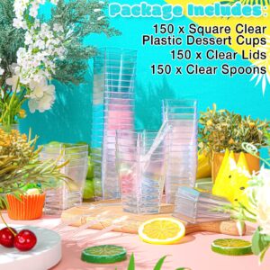 CHENGU 150 Pack 4.5 oz Square Clear Plastic Dessert Cups with Lids and Spoons Parfait Appetizer Cups for Tasting Party Desserts Appetizers Fruit Parfait Mousse Pudding