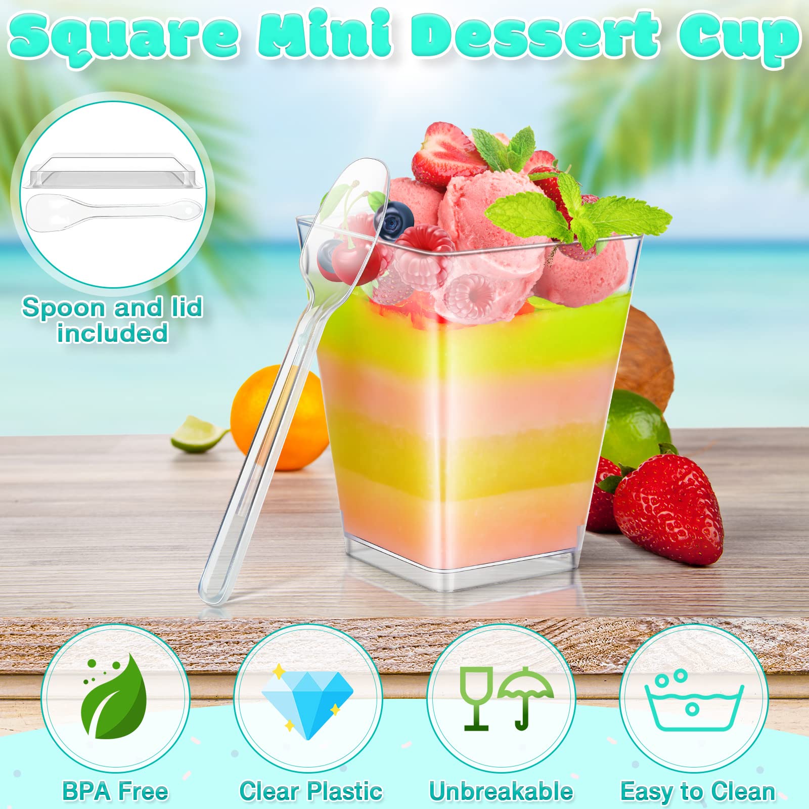 CHENGU 150 Pack 4.5 oz Square Clear Plastic Dessert Cups with Lids and Spoons Parfait Appetizer Cups for Tasting Party Desserts Appetizers Fruit Parfait Mousse Pudding