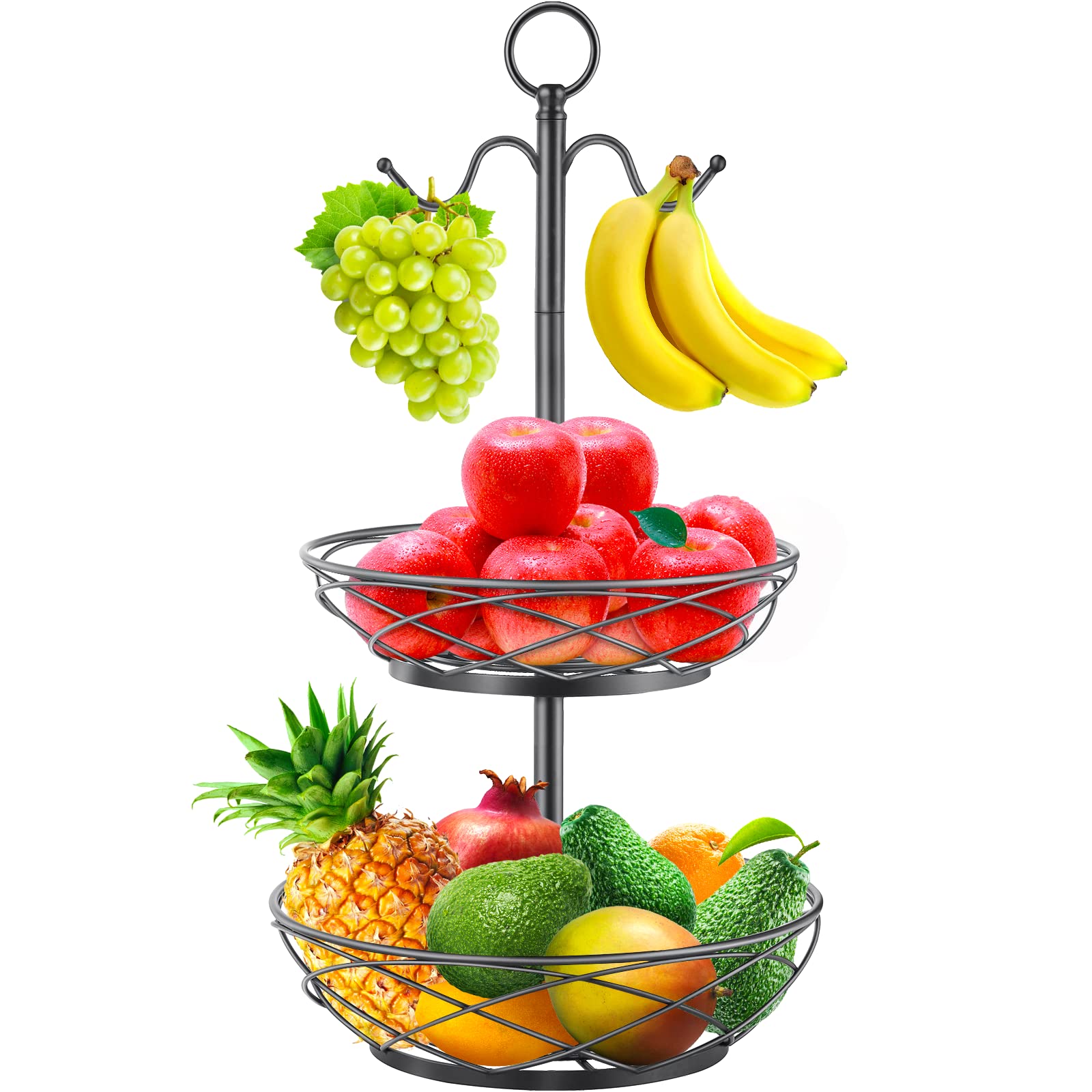 PT COVER Fruit Basket - 2 Tier Fruit Bowl with Banana Hanger for Kitchen Counter Fruit Holder - Elegant Black