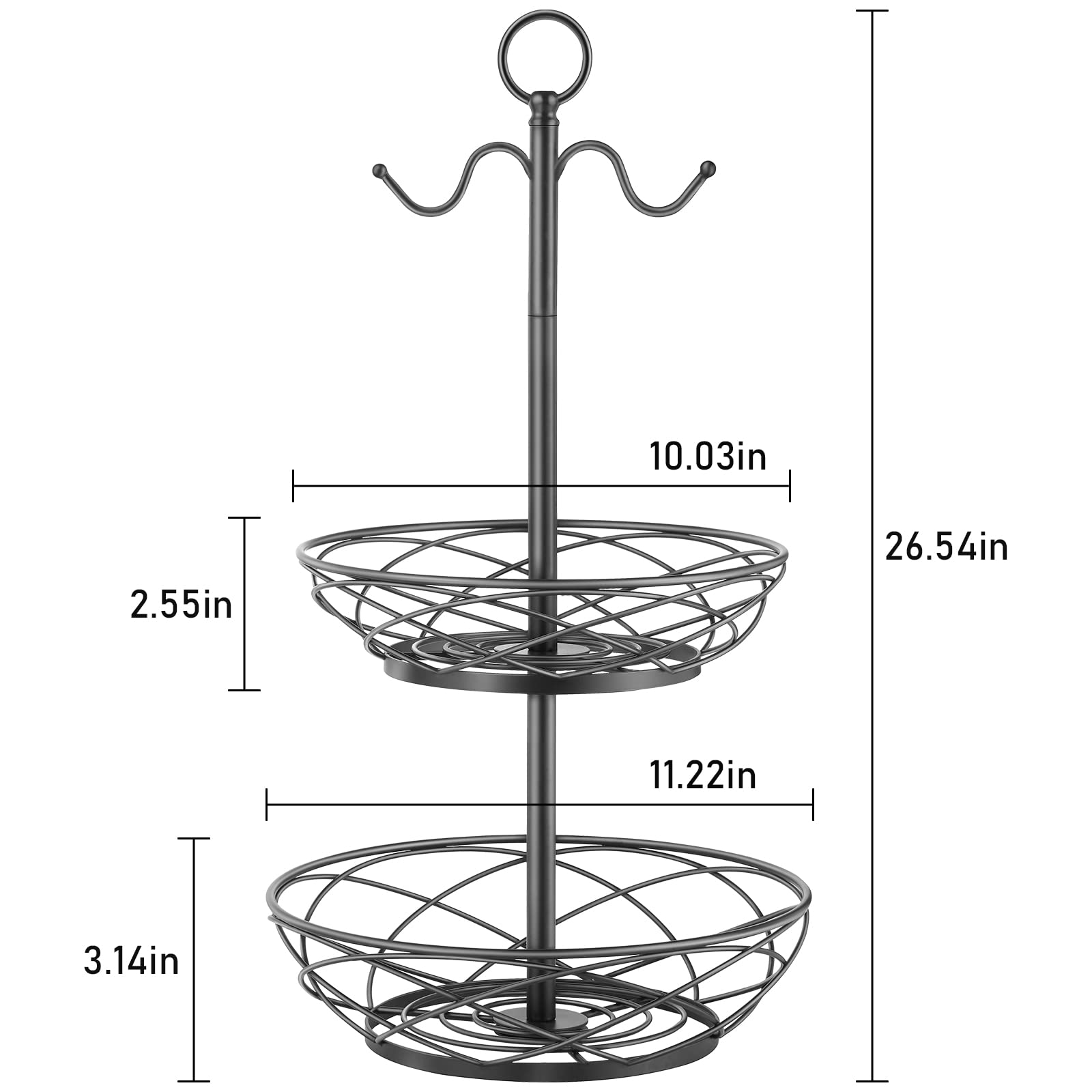 PT COVER Fruit Basket - 2 Tier Fruit Bowl with Banana Hanger for Kitchen Counter Fruit Holder - Elegant Black