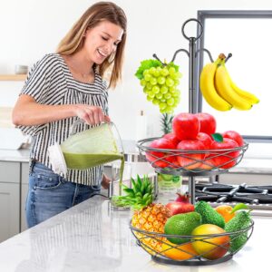 PT COVER Fruit Basket - 2 Tier Fruit Bowl with Banana Hanger for Kitchen Counter Fruit Holder - Elegant Black