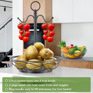 PT COVER Fruit Basket - 2 Tier Fruit Bowl with Banana Hanger for Kitchen Counter Fruit Holder - Elegant Black