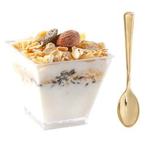 supernal 2oz square plastic mini dessert cups with gold spoons,parfait appetizer cup,100pcs cups,100pcs gold spoons,perfect for birthday,party,wedding