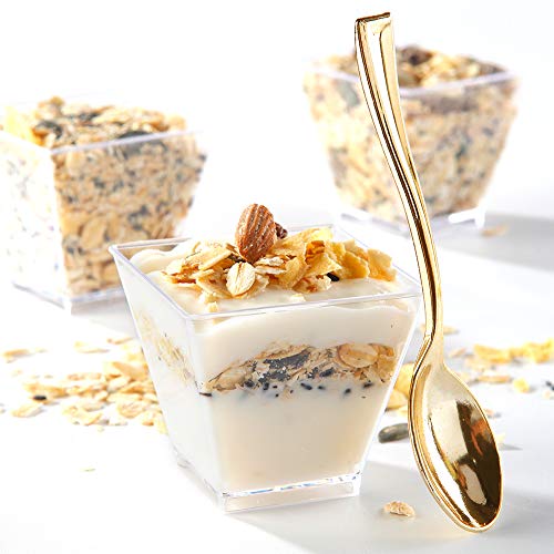 supernal 2oz Square Plastic Mini Dessert Cups with Gold Spoons,Parfait Appetizer Cup,100pcs Cups,100pcs Gold Spoons,Perfect for Birthday,Party,Wedding