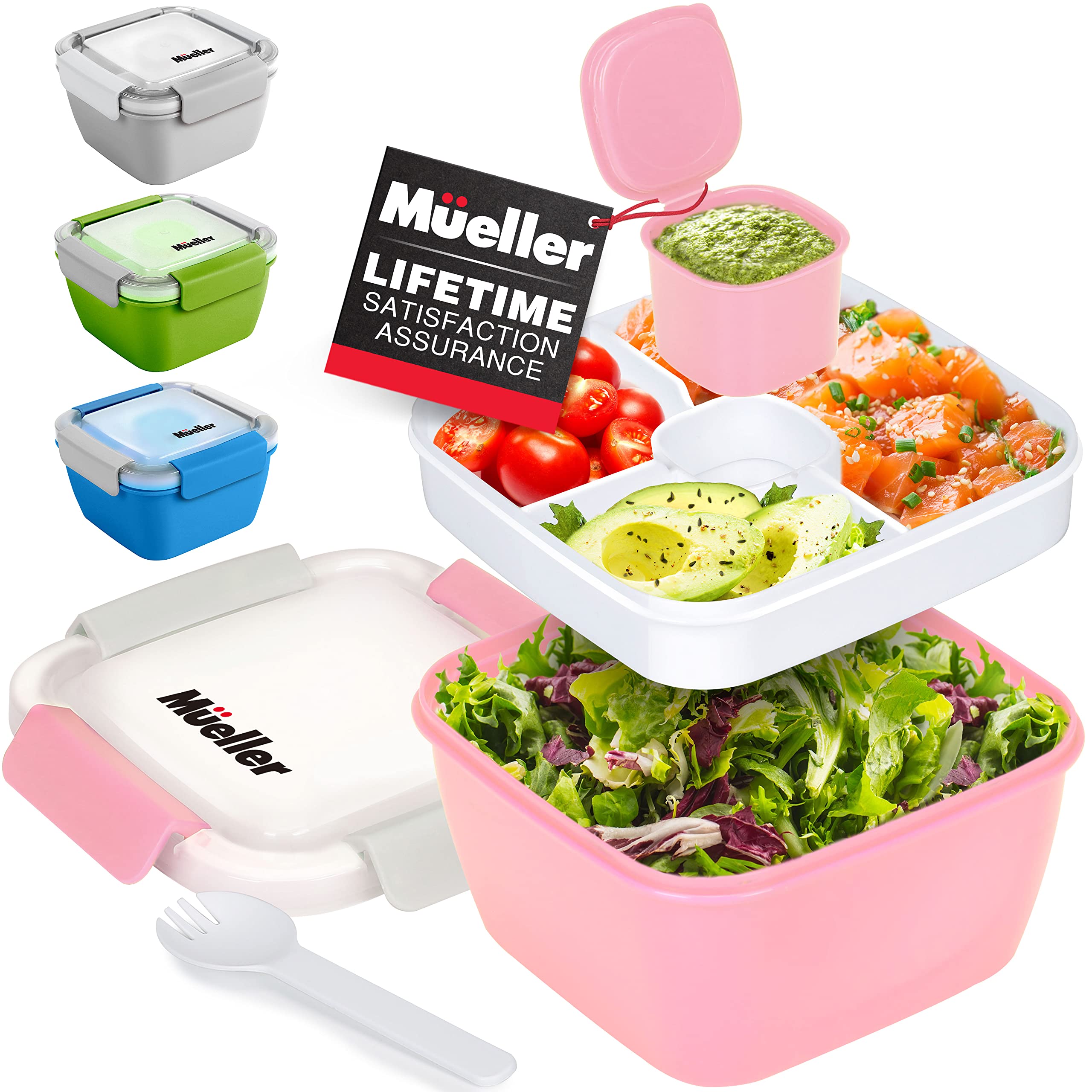 Mueller Salad Lunch Container To Go, Large 51-oz Salad Bowl, 3 Part Divided Tray, with Dressing Container and Reusable Spork Smart Locking Leakproof Salad Holder, (Pink)