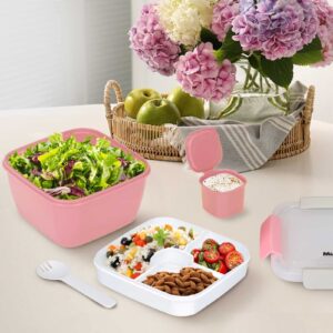 Mueller Salad Lunch Container To Go, Large 51-oz Salad Bowl, 3 Part Divided Tray, with Dressing Container and Reusable Spork Smart Locking Leakproof Salad Holder, (Pink)