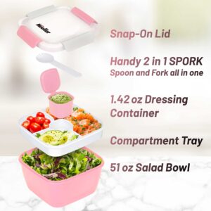 Mueller Salad Lunch Container To Go, Large 51-oz Salad Bowl, 3 Part Divided Tray, with Dressing Container and Reusable Spork Smart Locking Leakproof Salad Holder, (Pink)