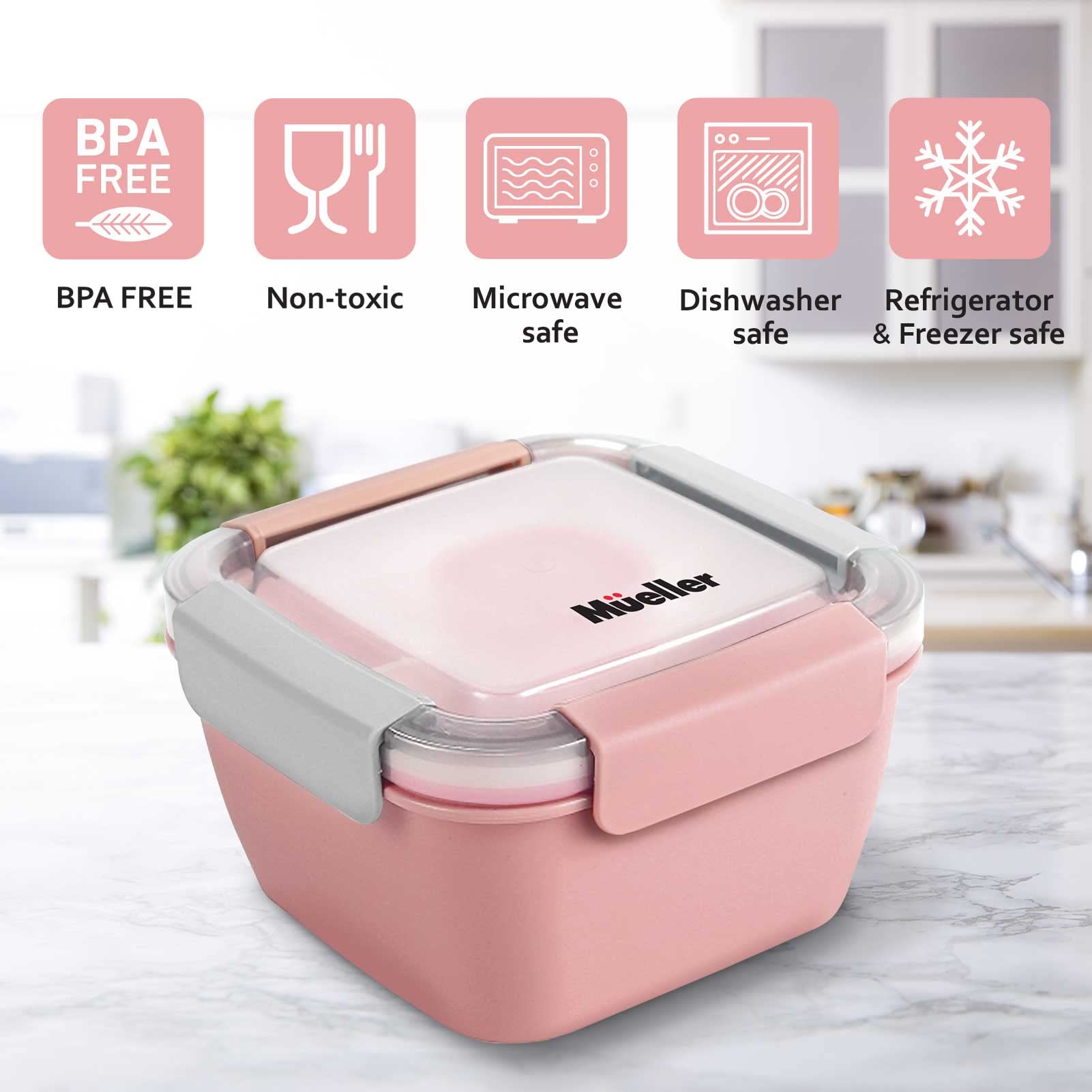 Mueller Salad Lunch Container To Go, Large 51-oz Salad Bowl, 3 Part Divided Tray, with Dressing Container and Reusable Spork Smart Locking Leakproof Salad Holder, (Pink)