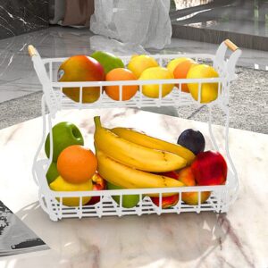 2 Tier Fruit Storage Basket Countertop for Kitchen, Bread Vegetable Farmhouse Fruit Basket Bowl Stand Detachable Metal Wire Basket with Wooden Handle for Kitchen, Reception, Dining Table（White）