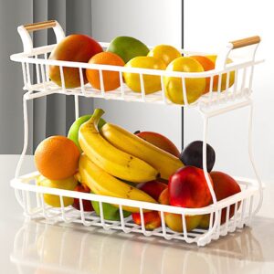 2 Tier Fruit Storage Basket Countertop for Kitchen, Bread Vegetable Farmhouse Fruit Basket Bowl Stand Detachable Metal Wire Basket with Wooden Handle for Kitchen, Reception, Dining Table（White）