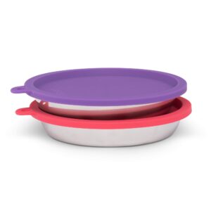 messy cats 4pc set with two stainless saucer shaped bowls and two silicone lids, 1.75 cups per bowl, watermelon and purple lids