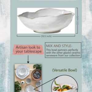 Serene Spaces Living Extra Large Free-Form Edge Glazed Ceramic Bowl - Fruit Basket, Dinnerware, Centerpiece for Vintage Weddings, Events, 10.5" Long, 8" Wide and 3.5" Tall