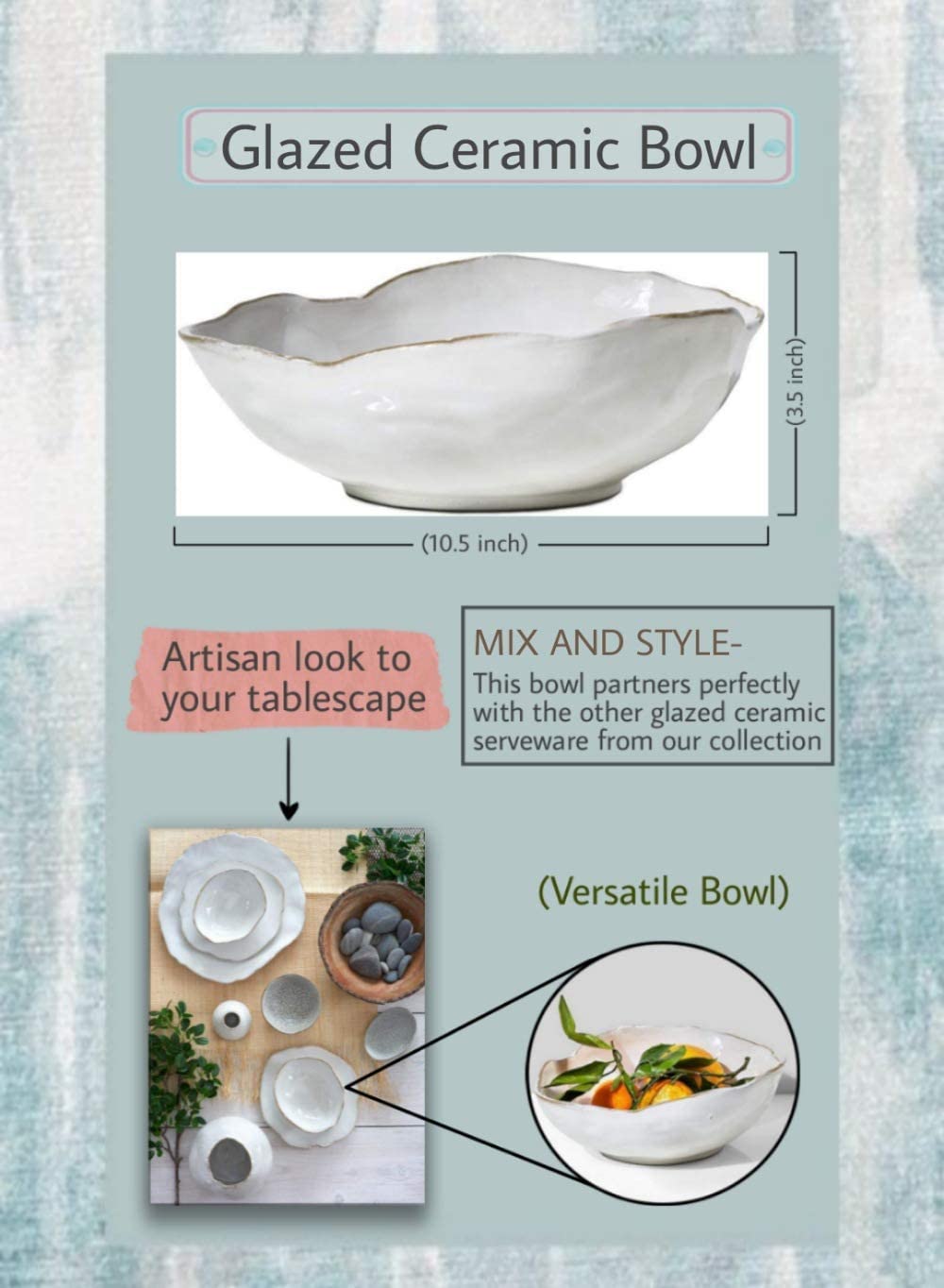 Serene Spaces Living Extra Large Free-Form Edge Glazed Ceramic Bowl - Fruit Basket, Dinnerware, Centerpiece for Vintage Weddings, Events, 10.5" Long, 8" Wide and 3.5" Tall