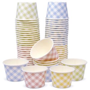 60 Count Pastel Gingham Ice Cream Treat Snack Cups 10 Oz. Disposable Paper Cup Dessert Ices Bowl Pink Blue Yellow Green Checkered Plaid For Frozen Treats Cupcake BBQ Picnic Party Favor Supplies