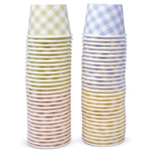 60 Count Pastel Gingham Ice Cream Treat Snack Cups 10 Oz. Disposable Paper Cup Dessert Ices Bowl Pink Blue Yellow Green Checkered Plaid For Frozen Treats Cupcake BBQ Picnic Party Favor Supplies