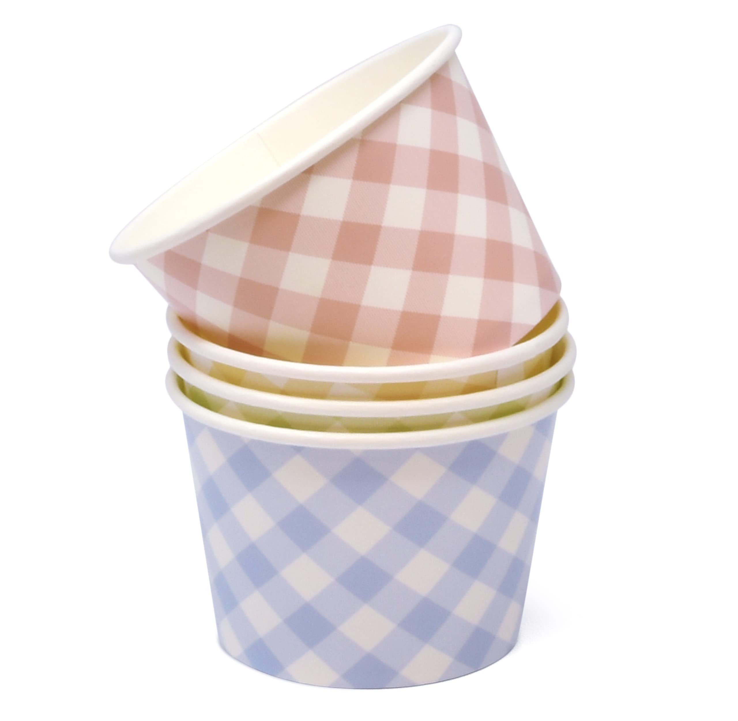 60 Count Pastel Gingham Ice Cream Treat Snack Cups 10 Oz. Disposable Paper Cup Dessert Ices Bowl Pink Blue Yellow Green Checkered Plaid For Frozen Treats Cupcake BBQ Picnic Party Favor Supplies