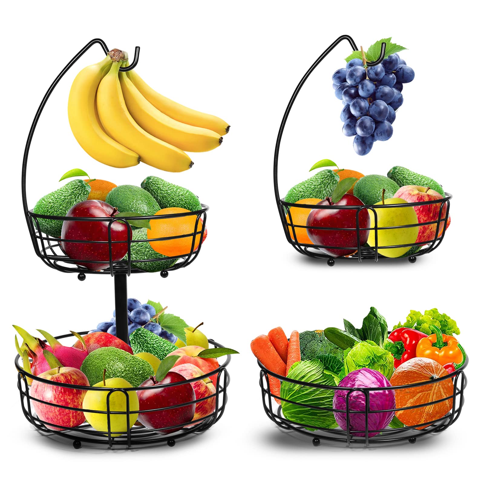 Scnve Fruit Basket - 2 Tier Fruit Bowl with Banana Hanger for Kitchen (Black)