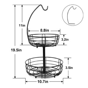 Scnve Fruit Basket - 2 Tier Fruit Bowl with Banana Hanger for Kitchen (Black)