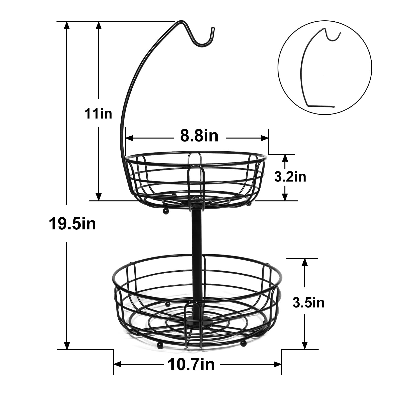 Scnve Fruit Basket - 2 Tier Fruit Bowl with Banana Hanger for Kitchen (Black)