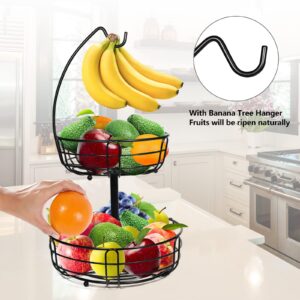 Scnve Fruit Basket - 2 Tier Fruit Bowl with Banana Hanger for Kitchen (Black)