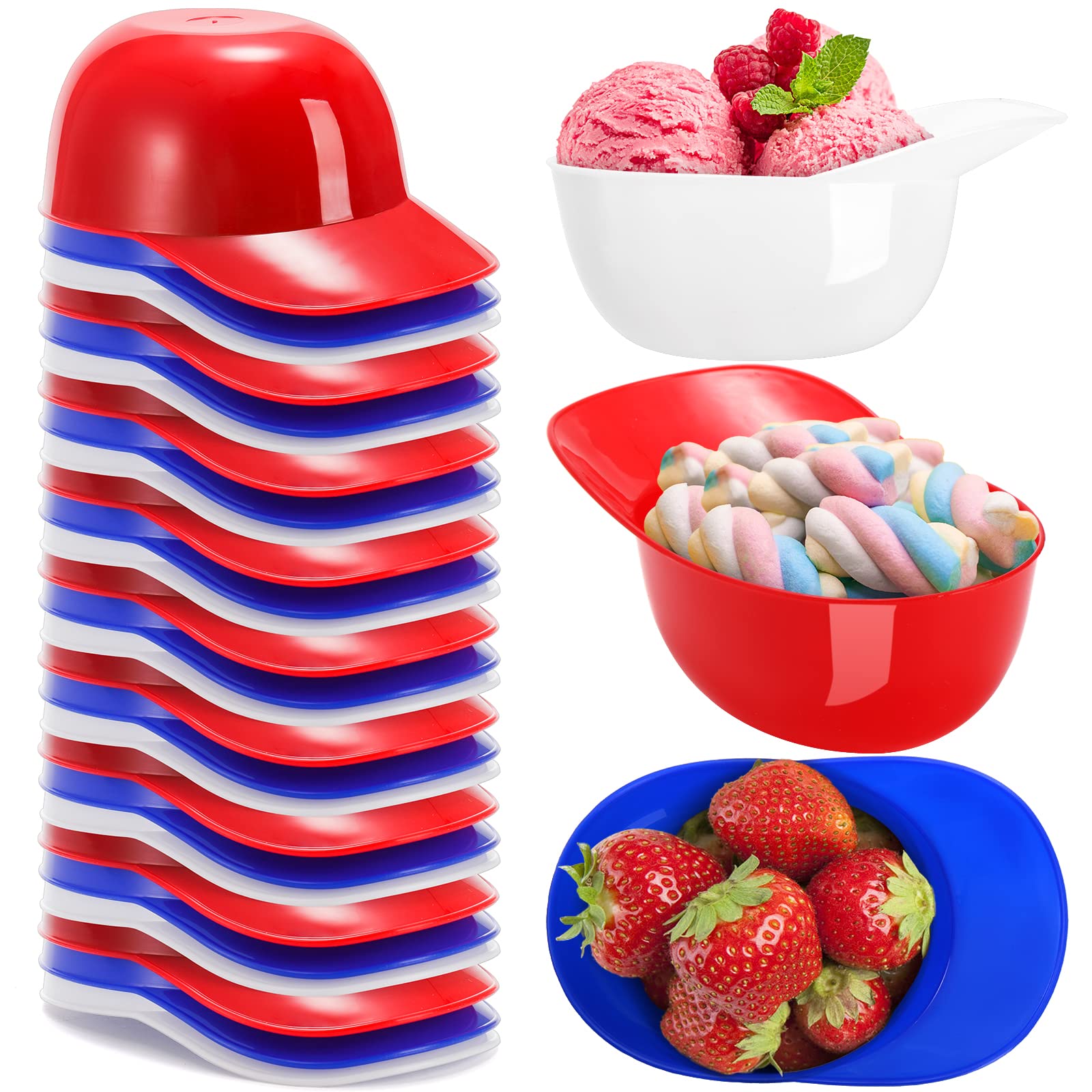 Fasmov 30 Pack Baseball Helmet Ice Cream Snack Bowl, 8 oz Mini Baseball Cap Bowls Kids Helmet Chip Bowl, Baseball Snacks Mini Dessert Cups for Ice Cream Party Supplies (Red, Blue, White)