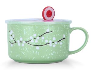 vanenjoy 30oz ceramic bowl with lid & handle,cherry blossoms among snow flake pattern,microwave for instant noodle sara, cereal bowl