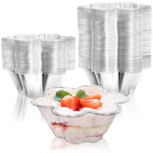 soujoy 100 pack ice cream cup, 8.5oz clear flower shape appetizer bowl, disposable plastic dessert serving bowl for sundae, chocolate, appetizers