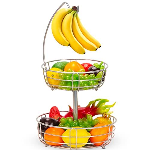 Bextcok 2 Tier Fruit Basket, Vegetables Fruit Bowl Storage with Banana Holder Hanger Hook Stand Organizer for Kitchen Countertop Counter (Double painted silver)