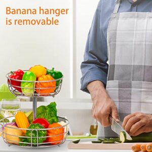 Bextcok 2 Tier Fruit Basket, Vegetables Fruit Bowl Storage with Banana Holder Hanger Hook Stand Organizer for Kitchen Countertop Counter (Double painted silver)