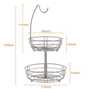 Bextcok 2 Tier Fruit Basket, Vegetables Fruit Bowl Storage with Banana Holder Hanger Hook Stand Organizer for Kitchen Countertop Counter (Double painted silver)