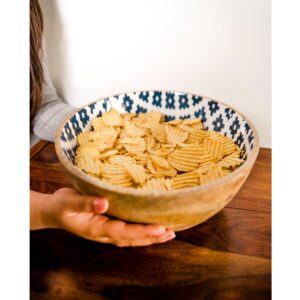 Folkulture Salad Bowl or Wooden Bowls with Serving Tongs, Large for Fruits, Cereal or Pasta, Large Mixing Bowl Set, 12" Diameter x 5" Height, Mango Wood, Blue