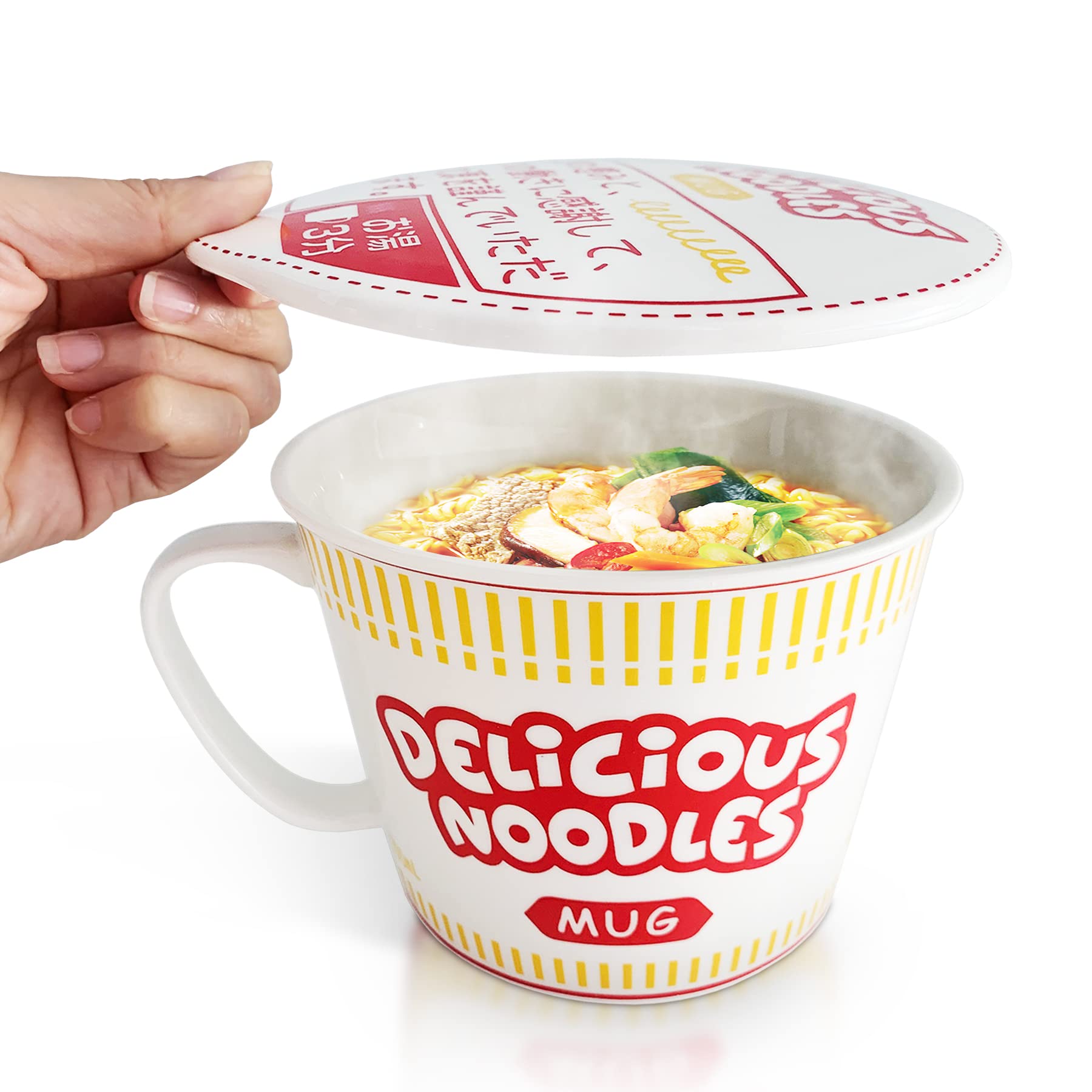 Sophie & Panda Porcelain Instant Noodle Bowl Mug With Handle 34 Oz - A Must-Have Accessory For Anyone Who Loves Asian Noodles - One Novelty 5.5” X 4.5” Ramen Bowl with Lid (Red)