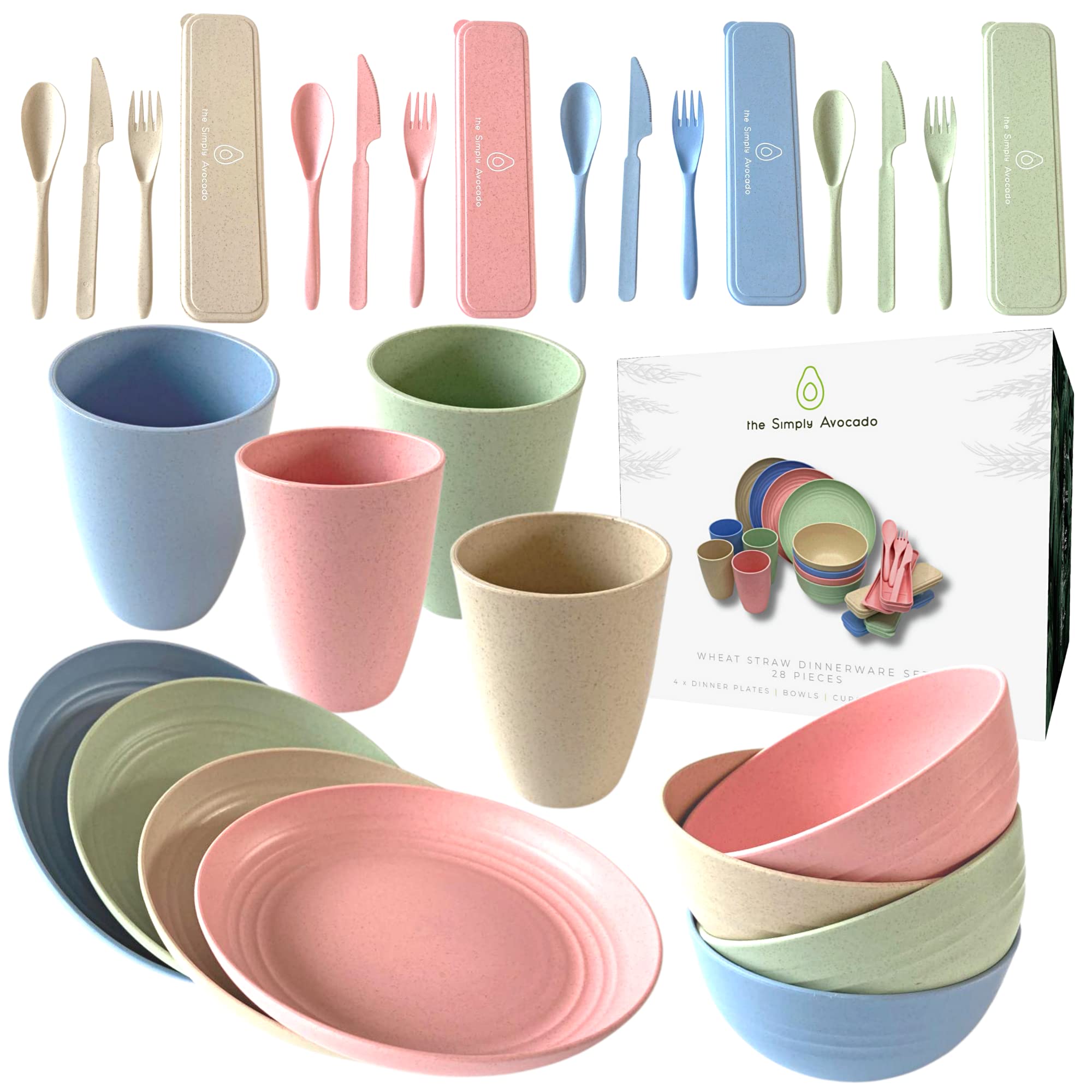 Unbreakable Wheat Straw Dinnerware Sets (28pcs) - The Simply Avocado Dishes Set for 4 - Kids Dinnerware Set - Camping Plates Cups and Bowls Set - Lightweight Wheat Straw Plate and Bowl Set