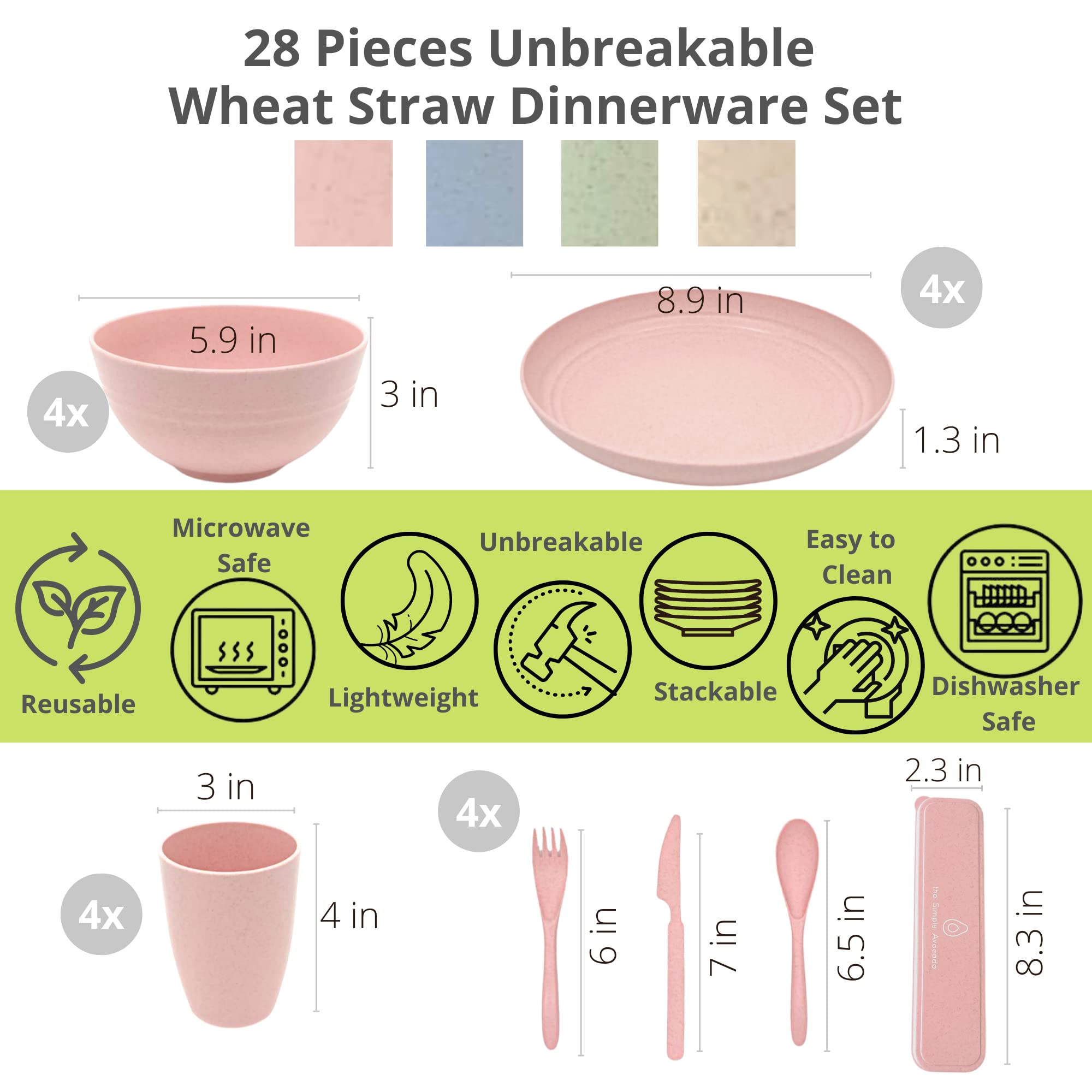 Unbreakable Wheat Straw Dinnerware Sets (28pcs) - The Simply Avocado Dishes Set for 4 - Kids Dinnerware Set - Camping Plates Cups and Bowls Set - Lightweight Wheat Straw Plate and Bowl Set