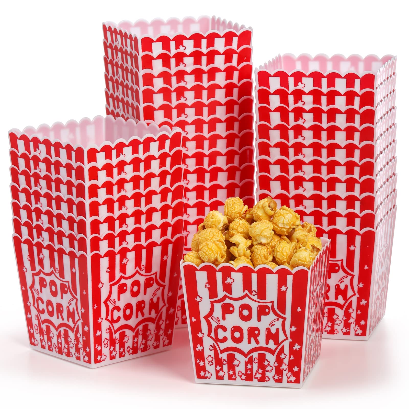 Tebery 30 Pack Reusable Movie Night Popcorn Boxes for Party, Plastic Open-Top Popcorn Containers Bucket, Carnival Circus Party Popcorn Bowl - 3.75" Tall x 3.75" Square