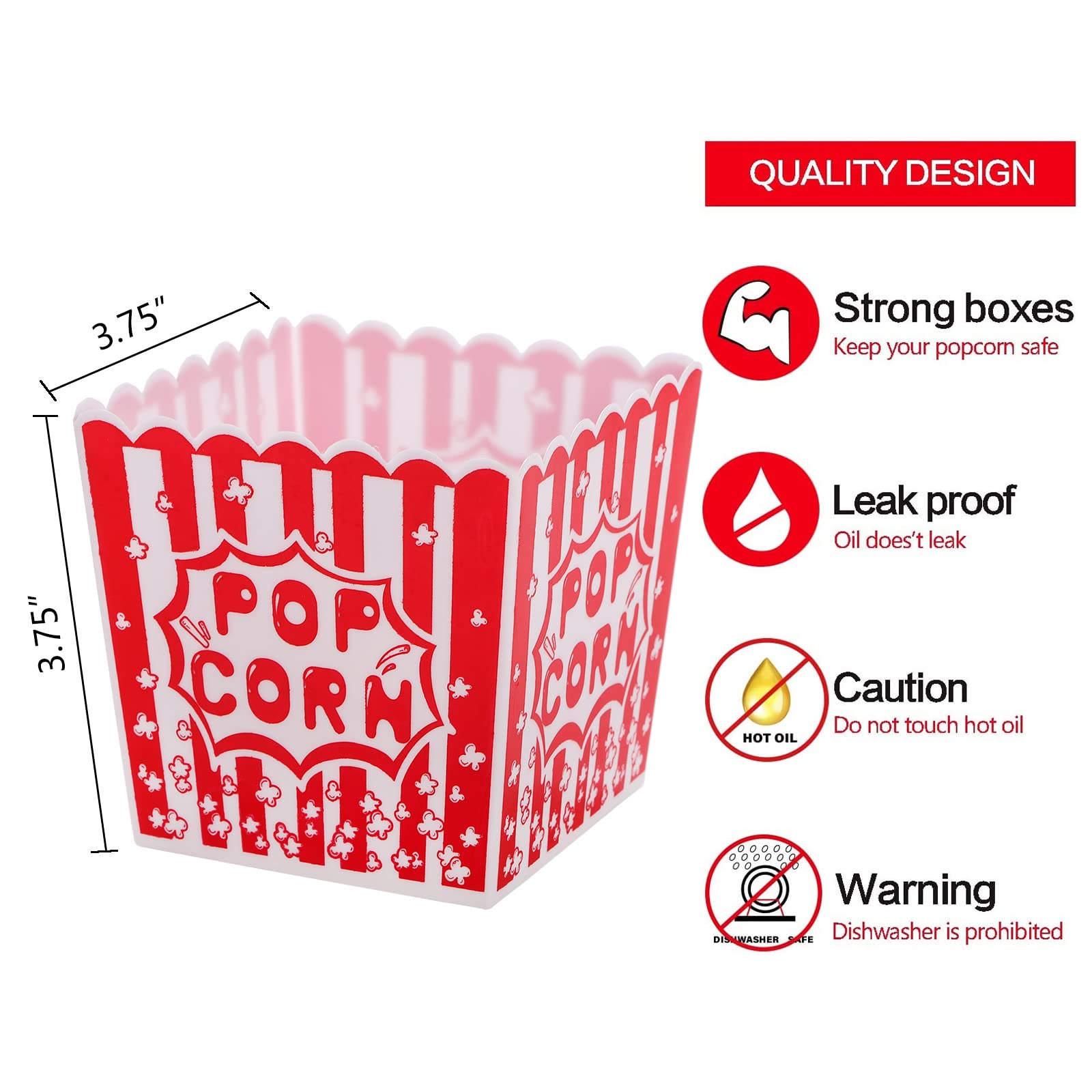 Tebery 30 Pack Reusable Movie Night Popcorn Boxes for Party, Plastic Open-Top Popcorn Containers Bucket, Carnival Circus Party Popcorn Bowl - 3.75" Tall x 3.75" Square