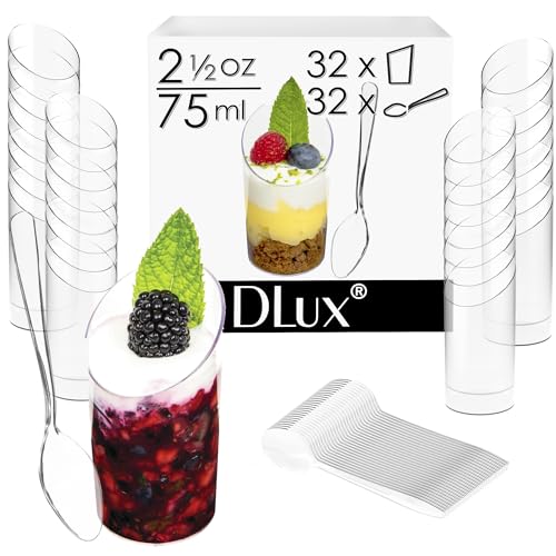 DLux 32 x 2.5 oz Mini Dessert Cups with Spoons, Slanted Round - Clear Plastic Parfait Appetizer Cup - Small Reusable Serving Bowl for Tasting Party Desserts Appetizers - With Recipe Ebook